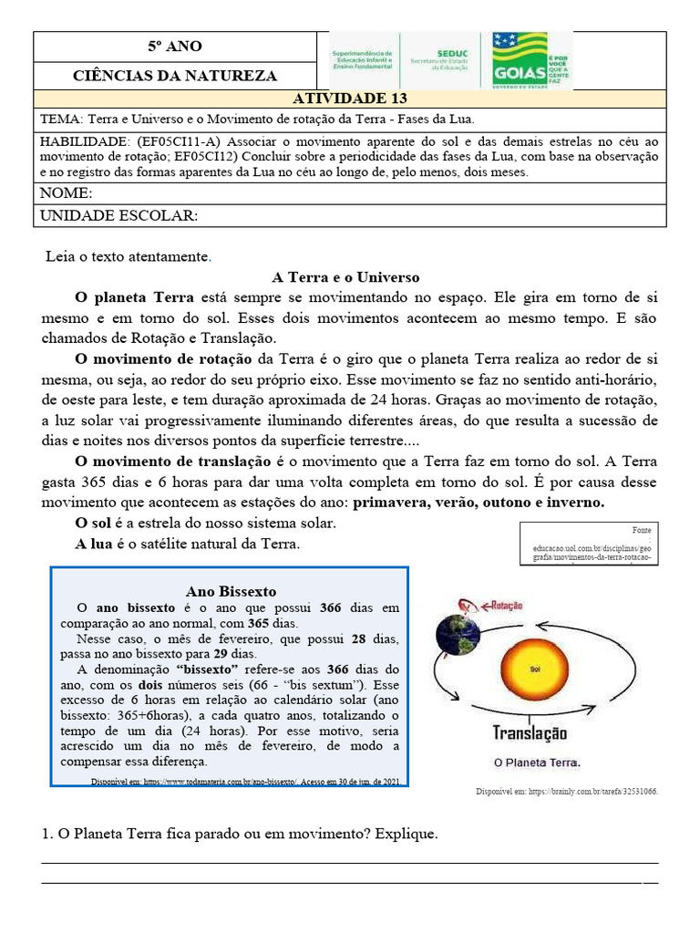Atividade 13 5 o Ano Ciencia Da Natureza Tema Terra e Universo e o Movimento de Rotacao Da Terra ...