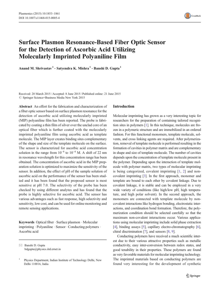 Surface Plasmon Resonance-Based Fiber Optic Sensor For The Detection of Ascorbic Acid Utilizing ...
