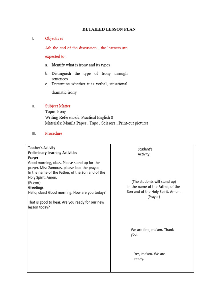 Day 1 Lesson Plan | PDF | Irony | Lesson Plan