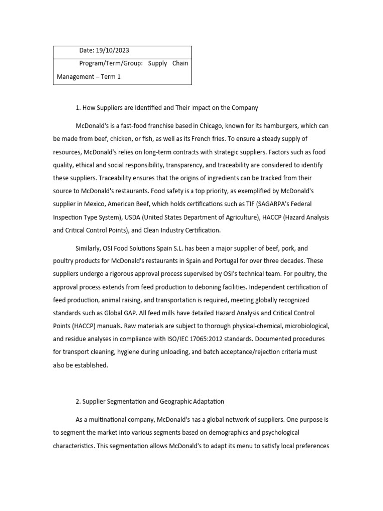 Assignment 2 | PDF | Supply Chain | Mc Donald's