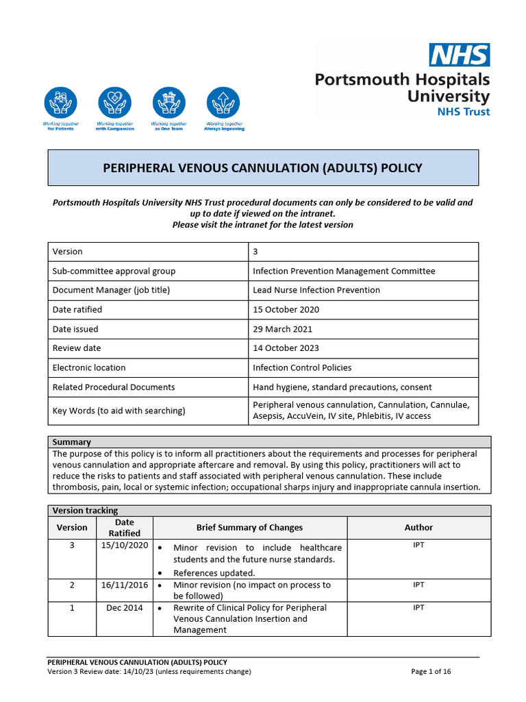 Peripheral Venous Cannulation Adults Policy | PDF | Intravenous Therapy ...