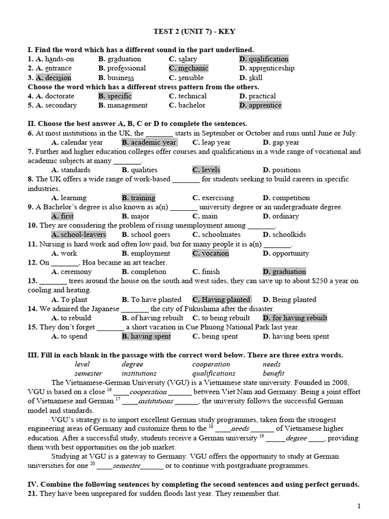 Unit 7 Test 2 Key Pdf Distance Education Academic Degree