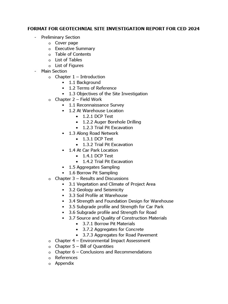 Format For Geotechnical Site Investigation Report For Ced 2024 | PDF Format For Geotechnical Site Investigation Report For Ced 2024 | PDF
