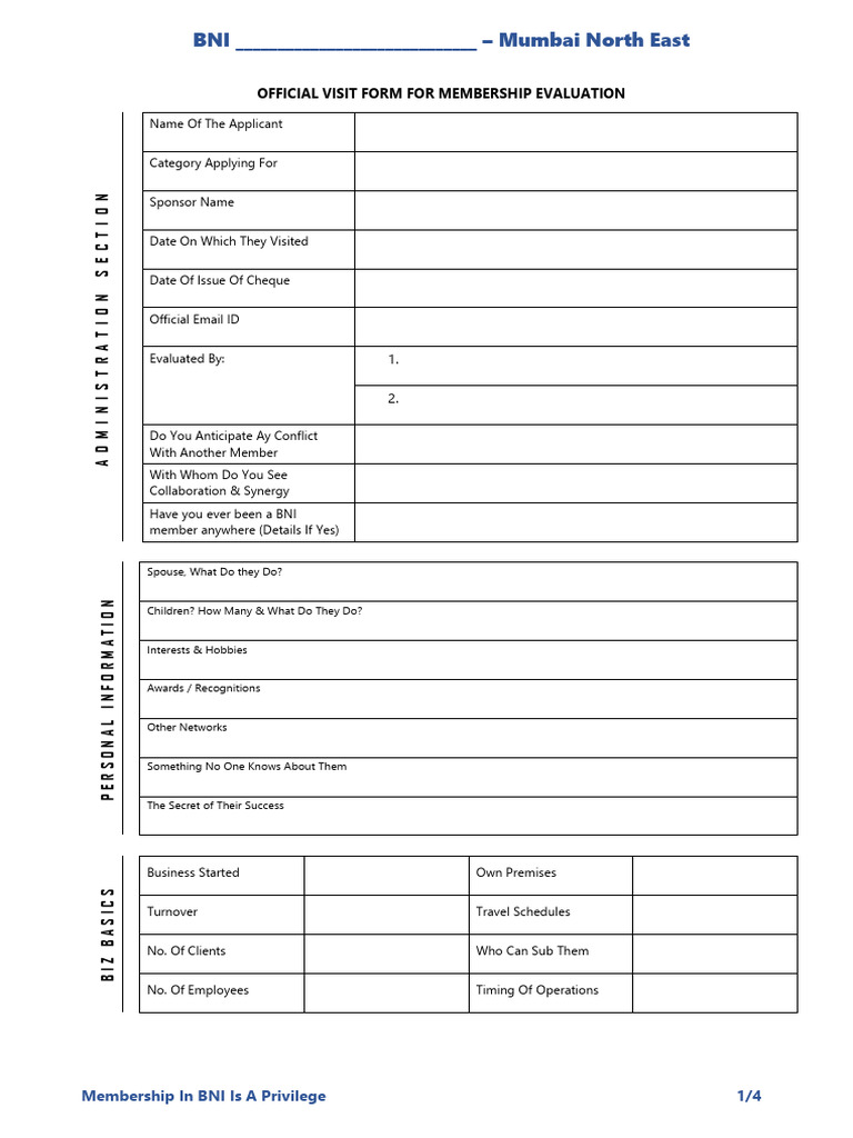 BNI Membership Evaluation Form | PDF | Business