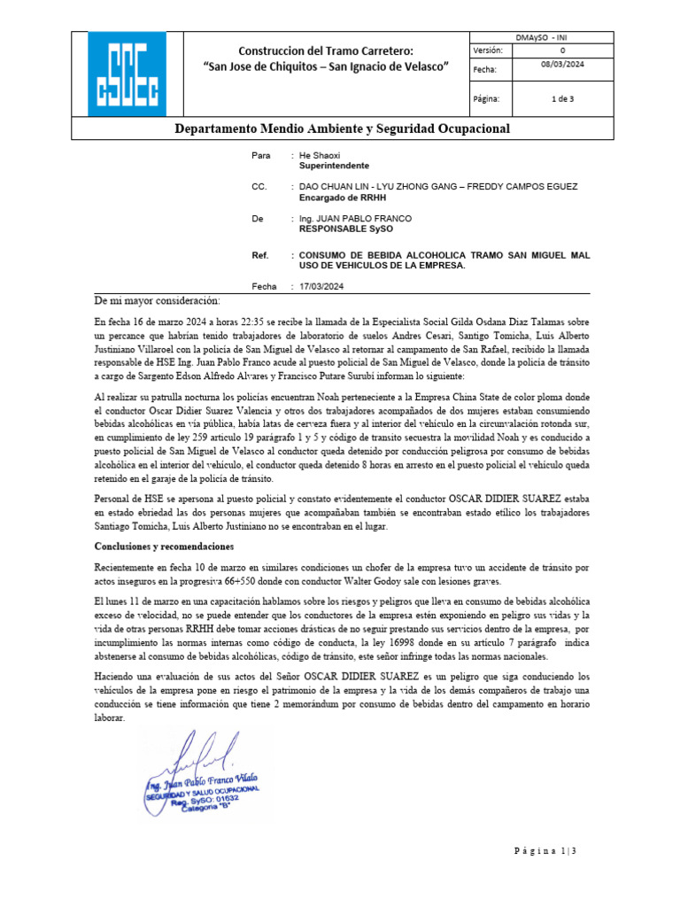 Informe Interno de Consumo de Bebidas Alcoholicas Chofer Oscar Mal Uso ...