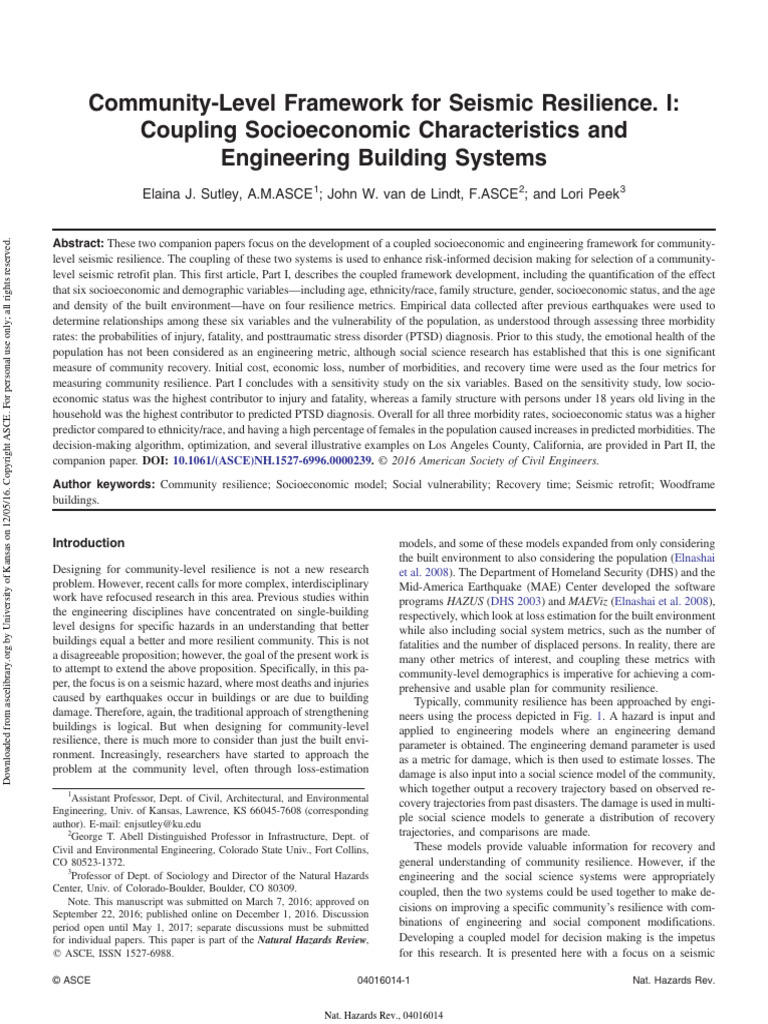 Community-Level Framework For Seismic Resilience I - Coupling Socioeconomic Characteristics and ...