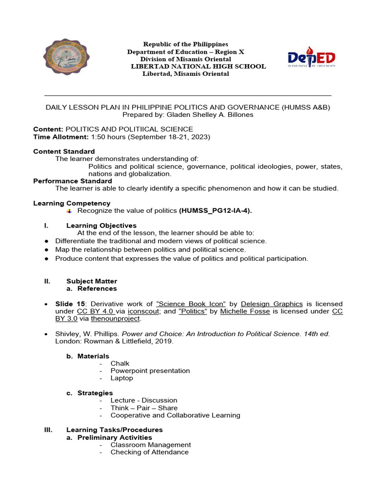 Lesson Plan in Politics | PDF | Science | Lesson Plan