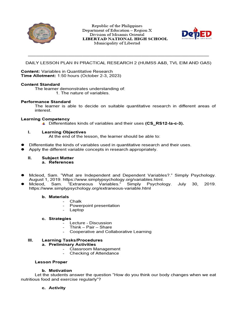 Lesson Plan in PR 2 | PDF | Learning | Dependent And Independent Variables