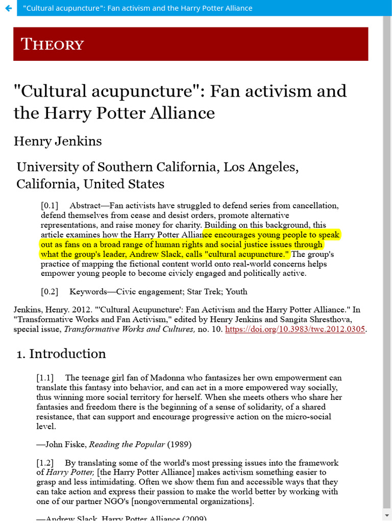 Jenkins View of - Cultural Acupuncture - Fan Activism and The Harry Potter Alliance ...