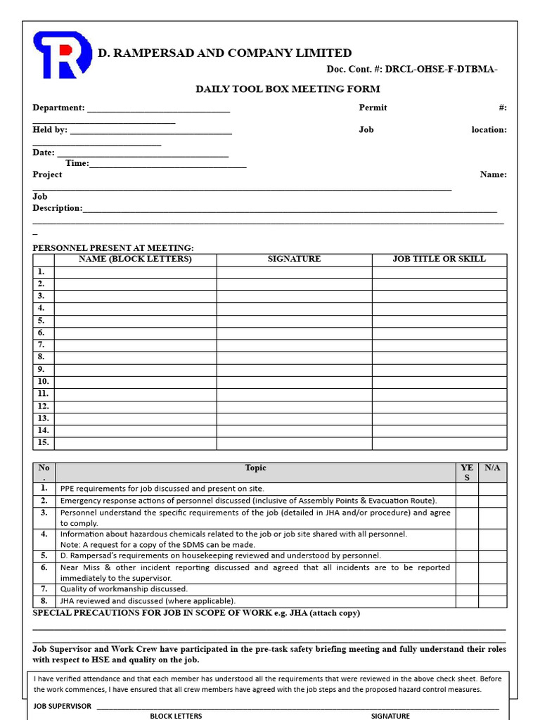 Toolbox Meeting Checklist | PDF | Safety | Occupational Safety And Health