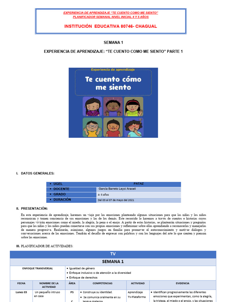 Plan. Sem 1 - Te Cuento Como Me Siento | PDF | Las emociones | Aprendizaje