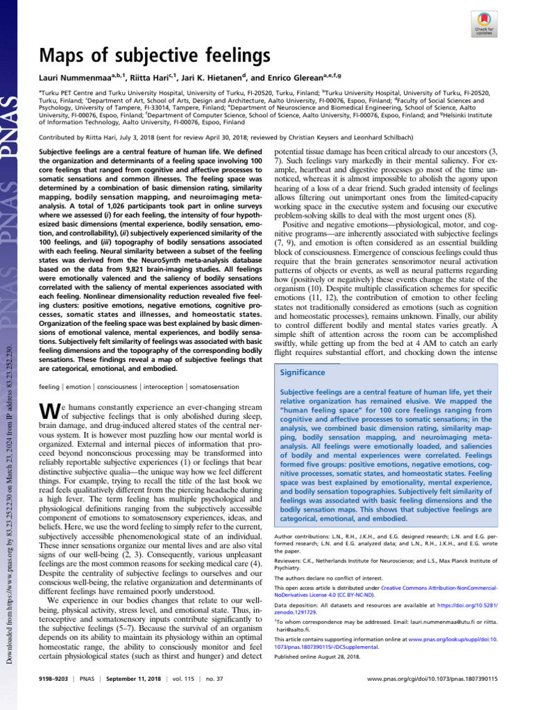 Nummenmaa Et Al 2018 Maps of Subjective Feelings | PDF | Feeling | Emotions