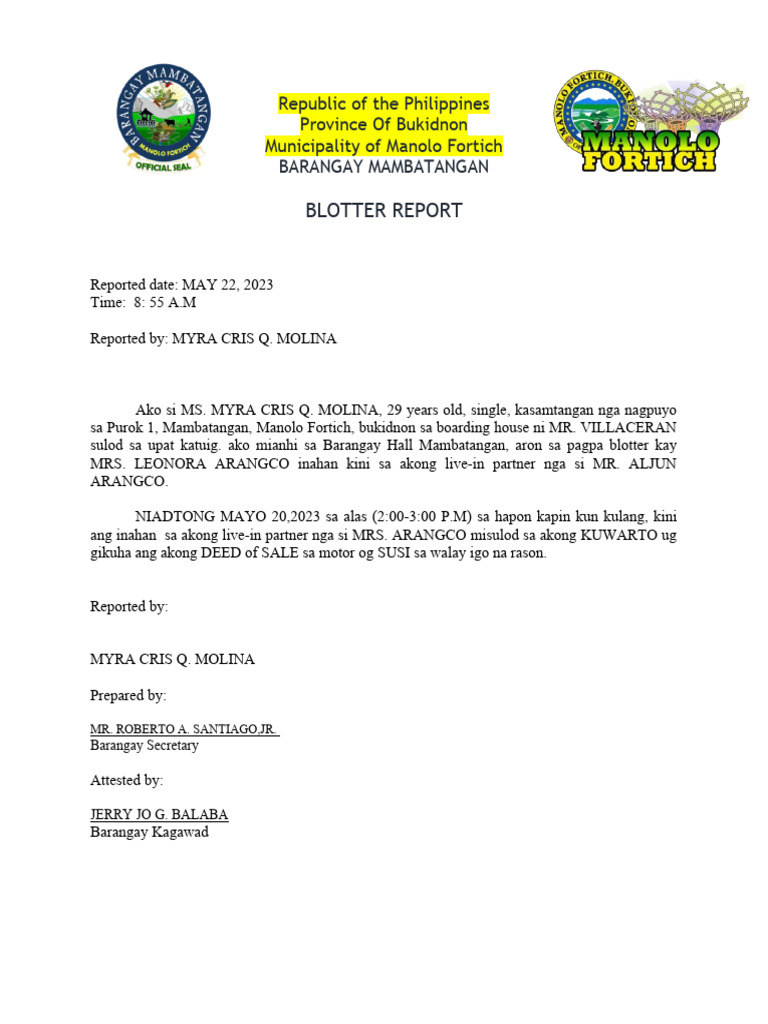 BLOTTER REPORT Mambatangan | PDF