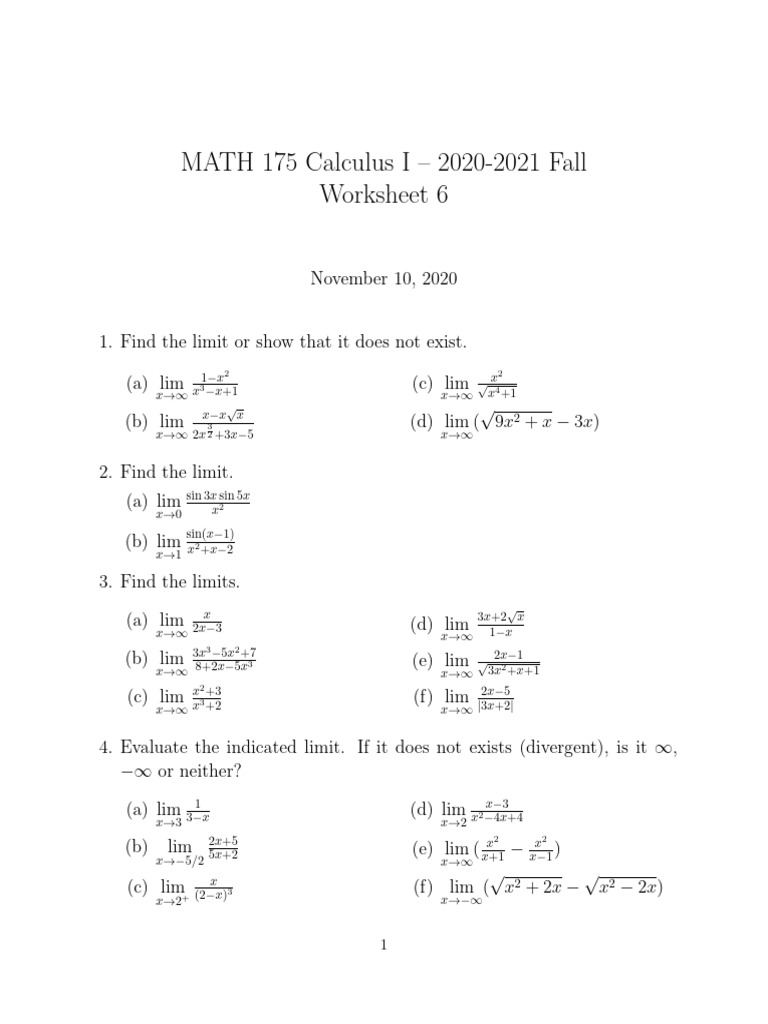MATH 175 Calculus I - 2020-2021 Fall Worksheet 6 | PDF