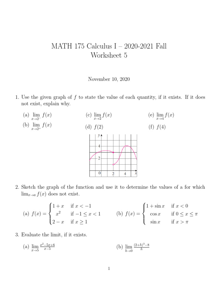 Calculus I Limit and Continuity Worksheet | PDF | Mathematics ...