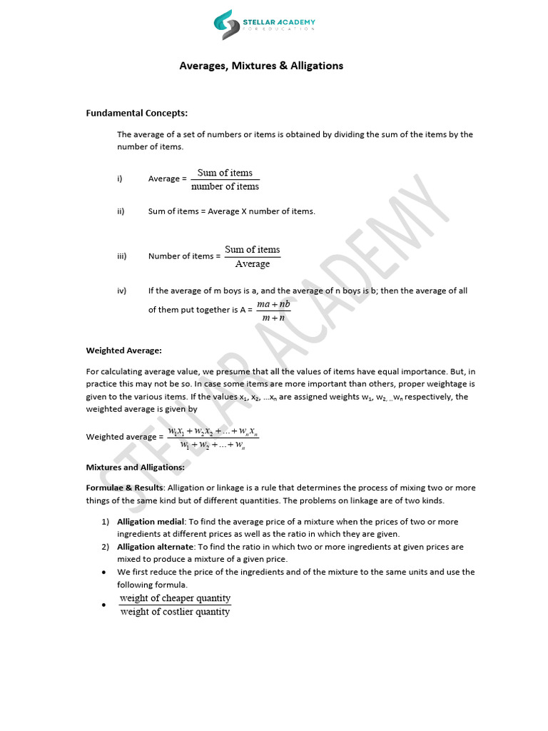 Averages Mixtures and Alligations | PDF | Average | Ratio