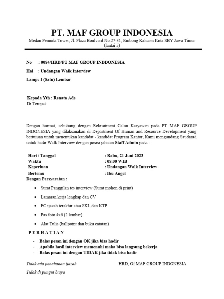 Surat Panggilan Interview PT. MAF Renata | PDF