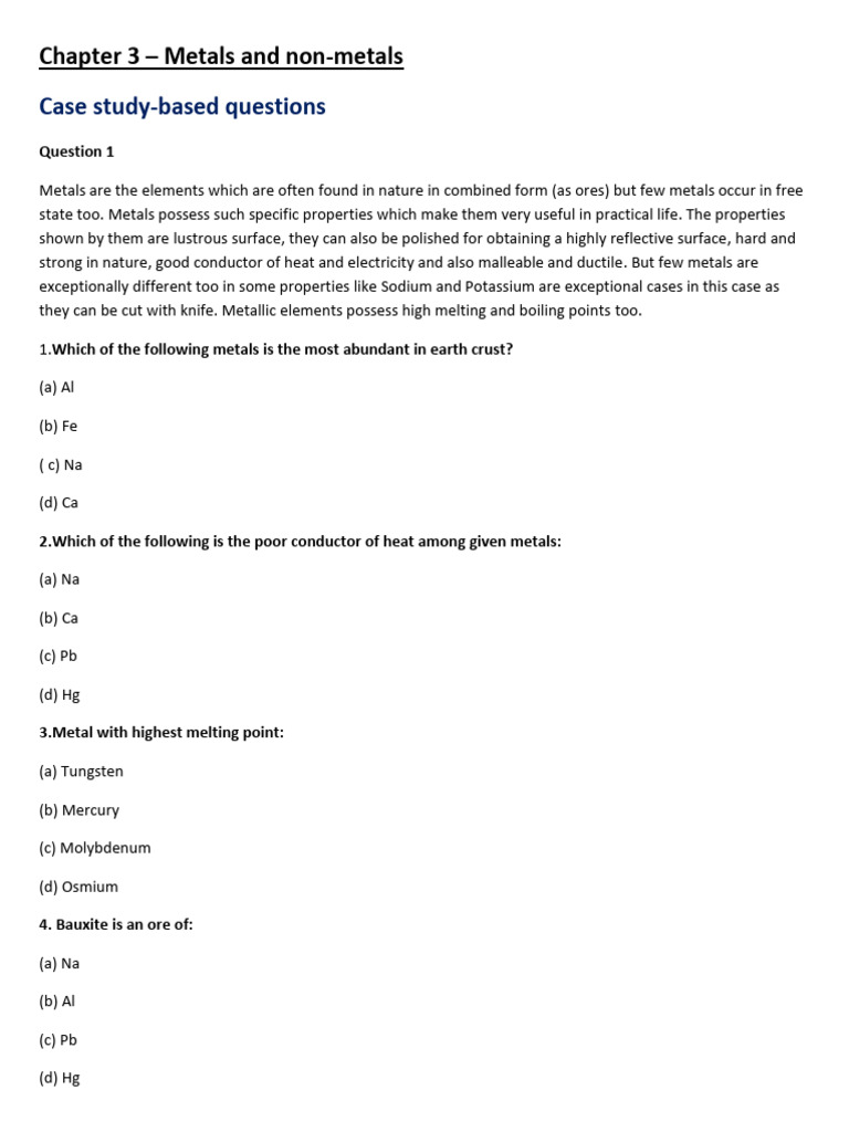 Case Study Class 10 Science Metals Non Metals | Download Free PDF ...