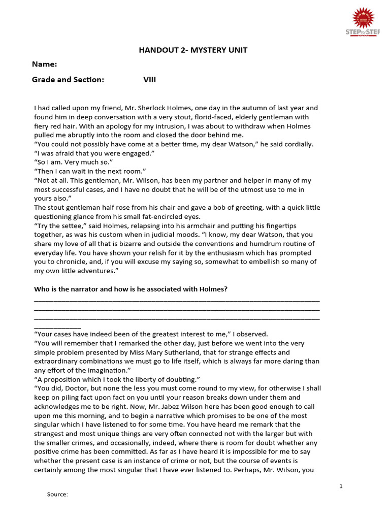 Sherlock Holmes Mystery Analysis Handout | PDF | The Red Headed League | Dr. Watson