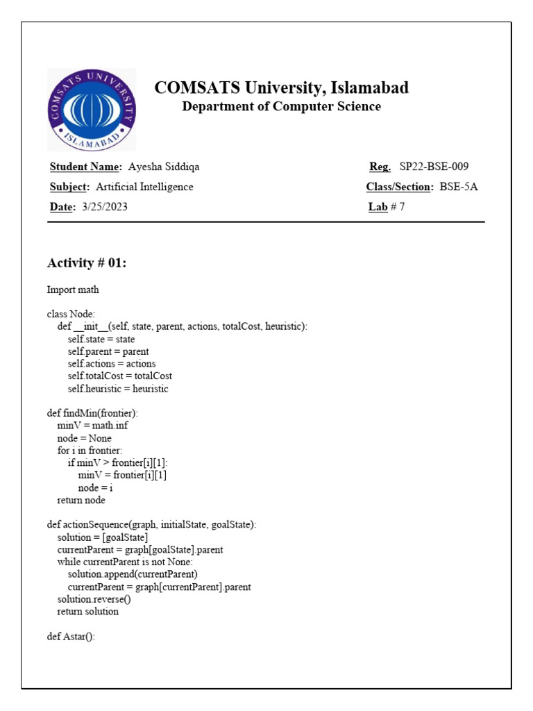 Sp22-bse-009 AI lab # 7(lab assign1) | PDF | Computer Science | Combinatorics