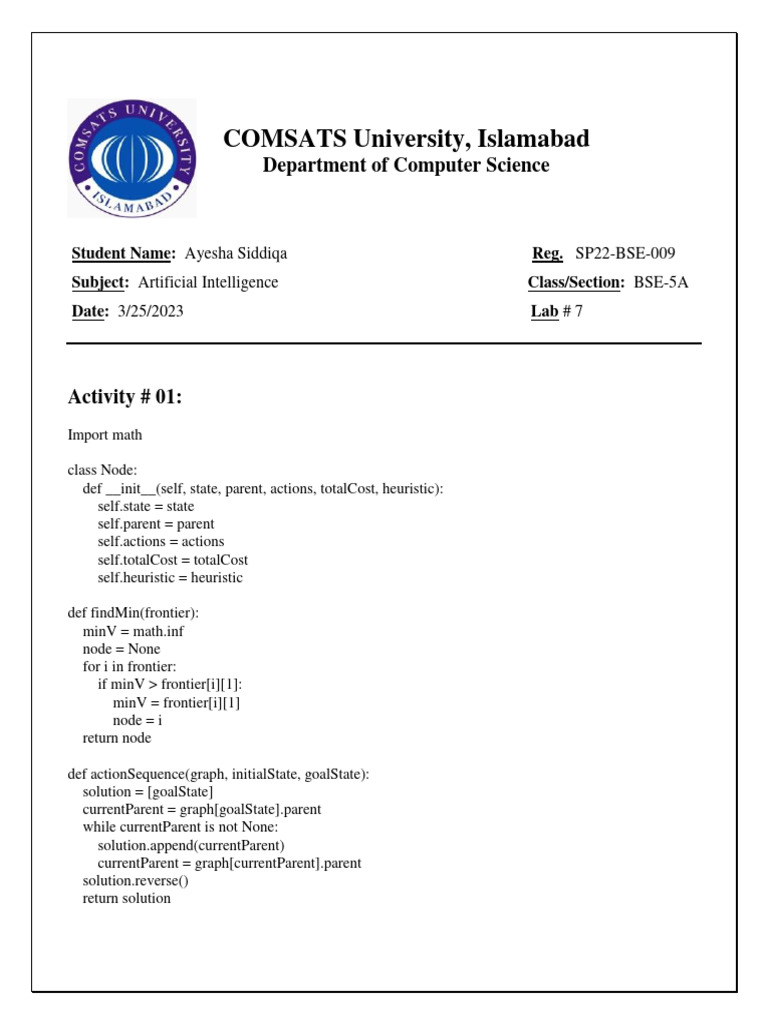 Sp22-Bse-009 AI Lab # 7 (Lab Assign1) | PDF | Computational Complexity Theory | Computer Science