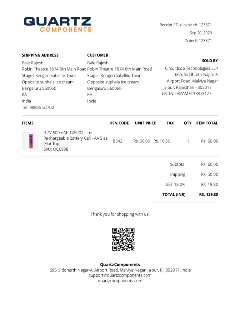 Receipt / Tax Invoice#: 123371 Sep 20, 2023 Order#: 123371 Shipping ...