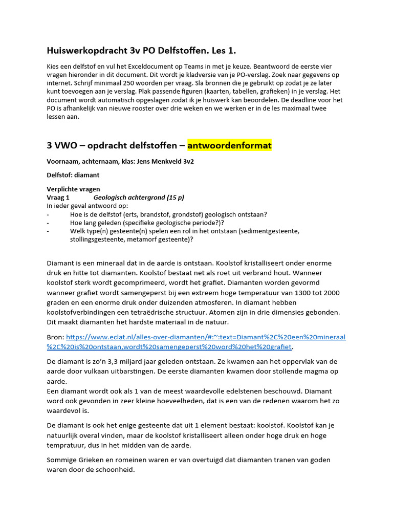 Huiswerkopdracht 3v PO Delfstoffen Les 1 Jens Menkveld | PDF