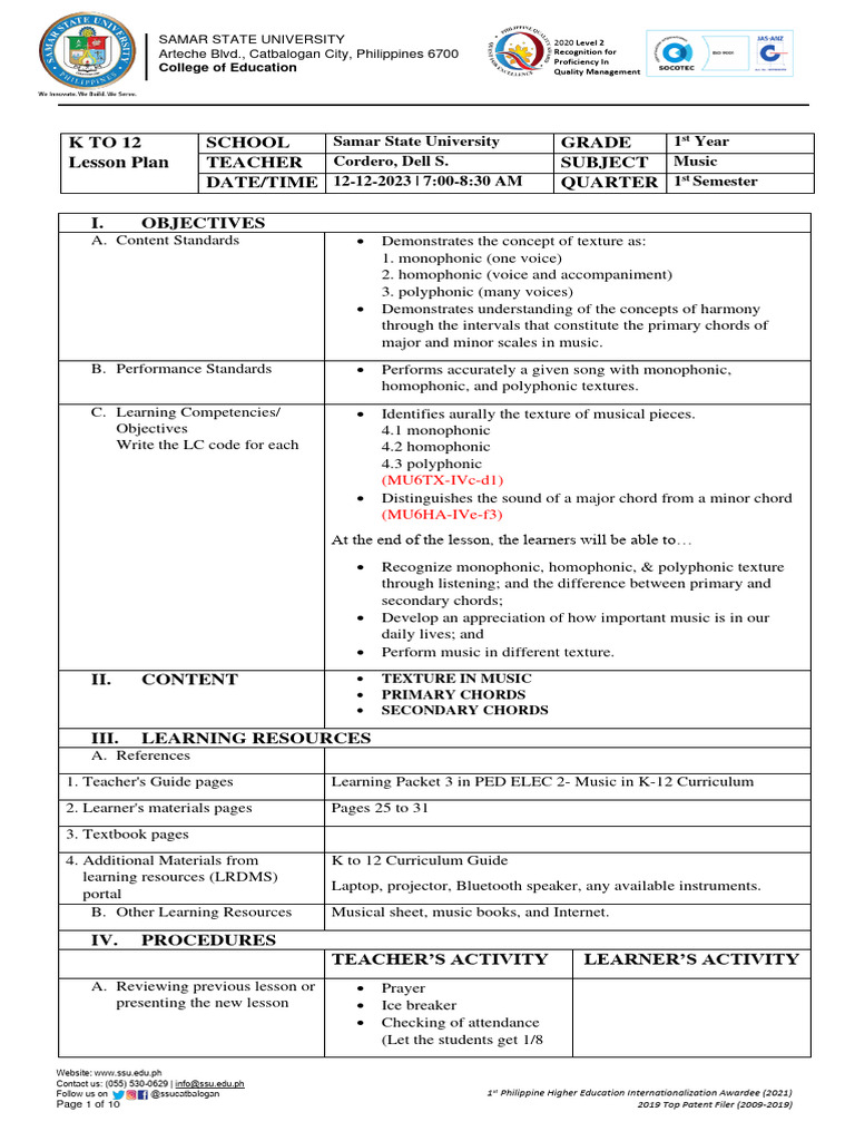 Demo Teaching Lesson Plan | PDF | Chord (Music) | Musicology