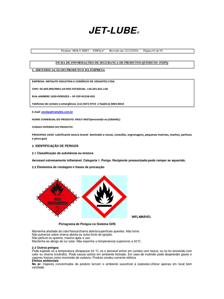 FISPQ - Moly Mist Granel (Jet-Lube) | PDF | Dióxido de carbono | Incêndios