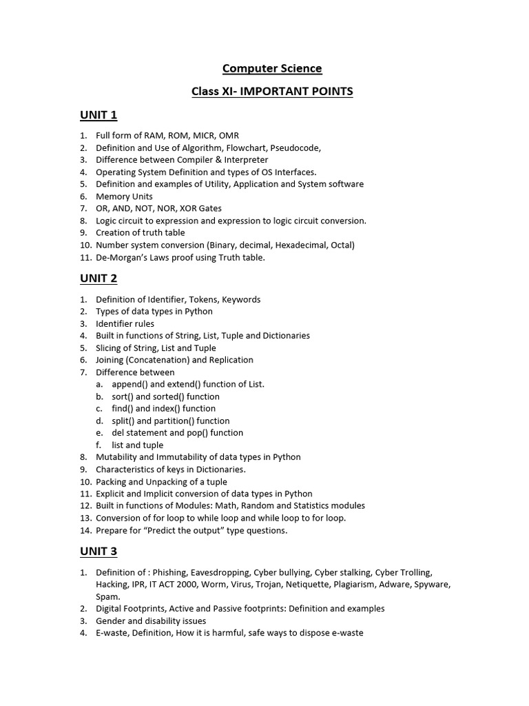 Class XI Computer Science Key Points | PDF | String (Computer Science) | Numbers