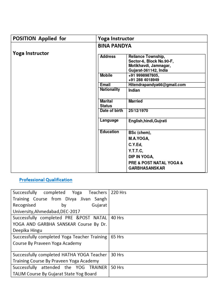 Beena's Resume | PDF | Yoga | Physical Exercise
