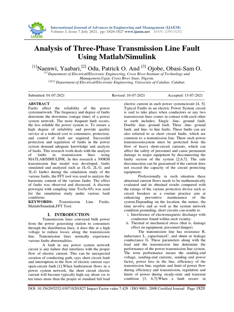 Analysis of Three Phase Transmission Line Fault Using Matlab Simulink | PDF | Electric Power ...