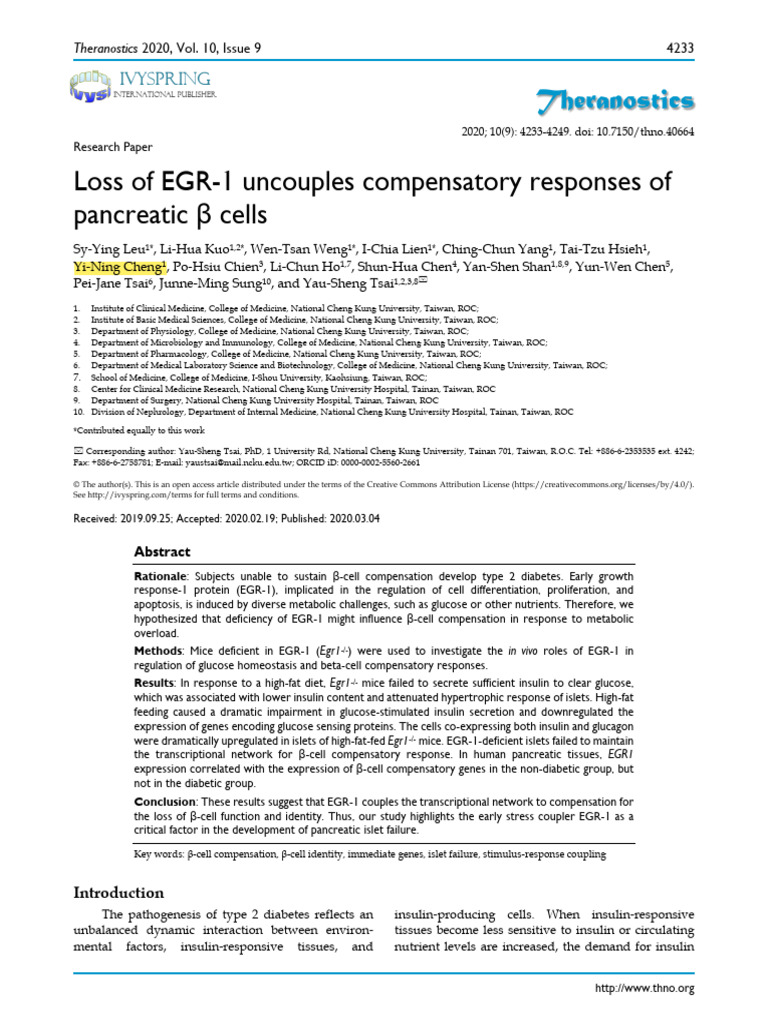 Loss of EGR-I Uncouples Compensatory Responses of Pancreatic Beta Cell ...