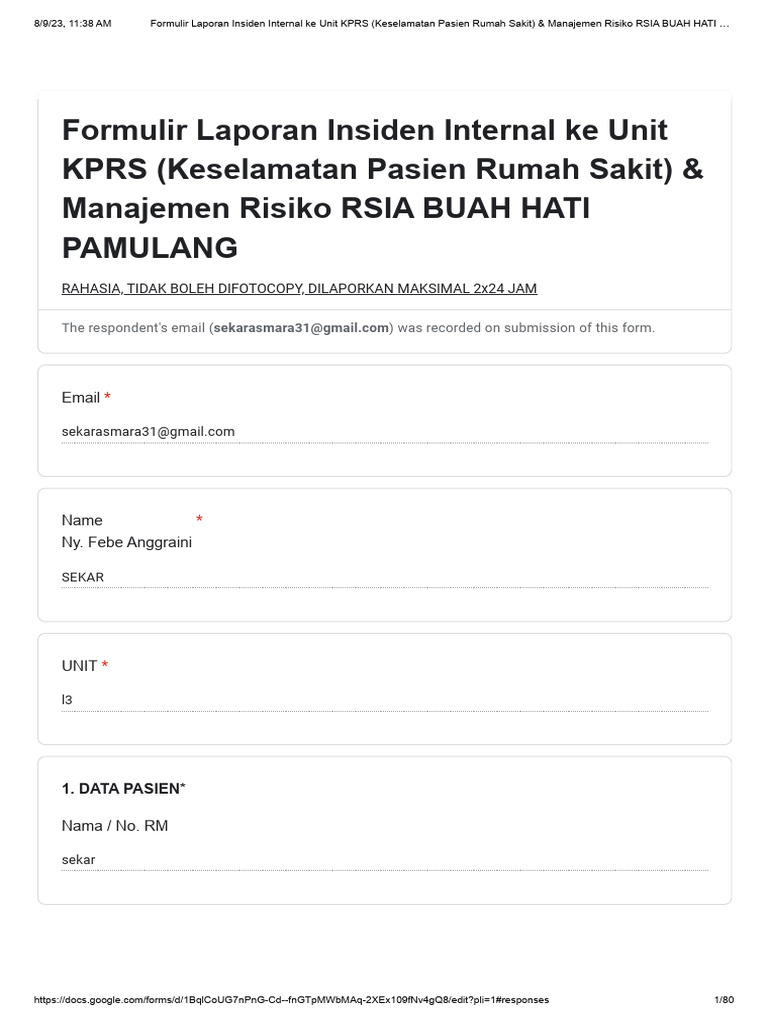 Form Insiden Keselamatan Pasien - Google Forms | PDF