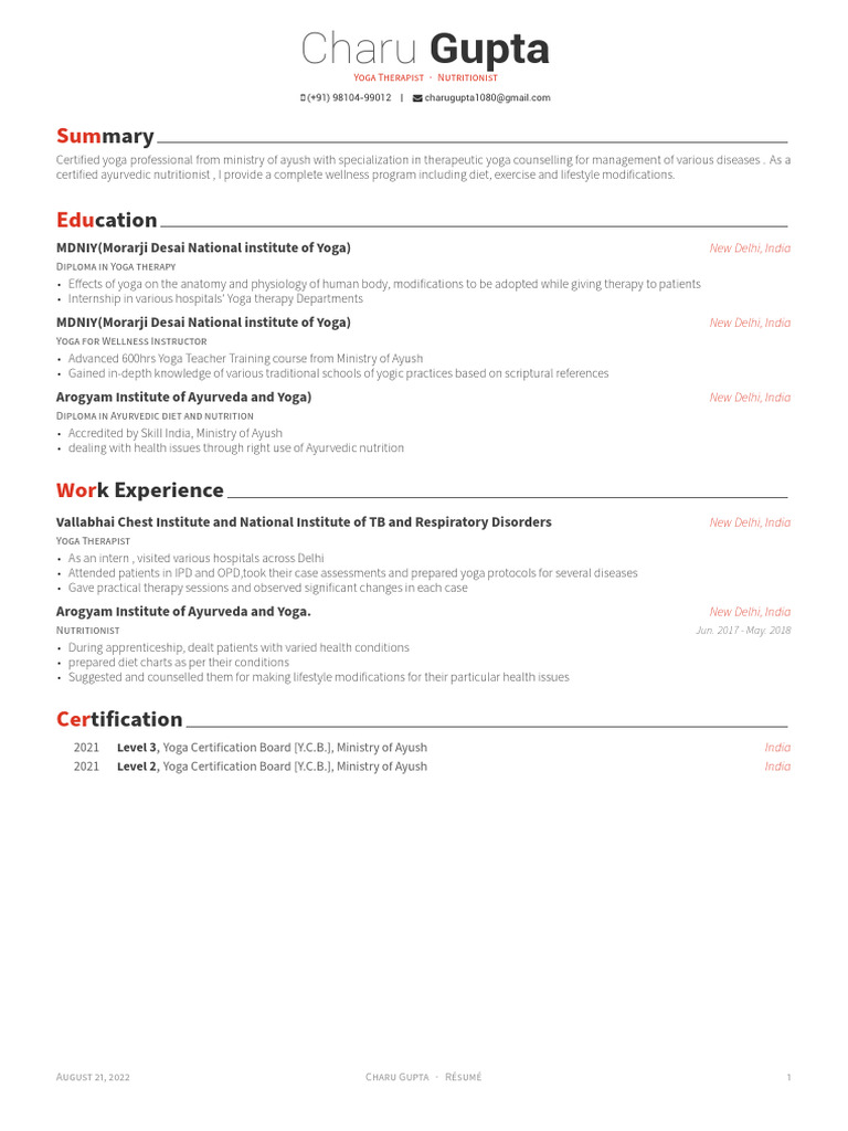Charu's Resume | Download Free PDF | Ayurveda | Psychotherapy