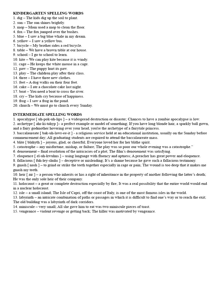 Kindergarten Spelling Bee Words | PDF