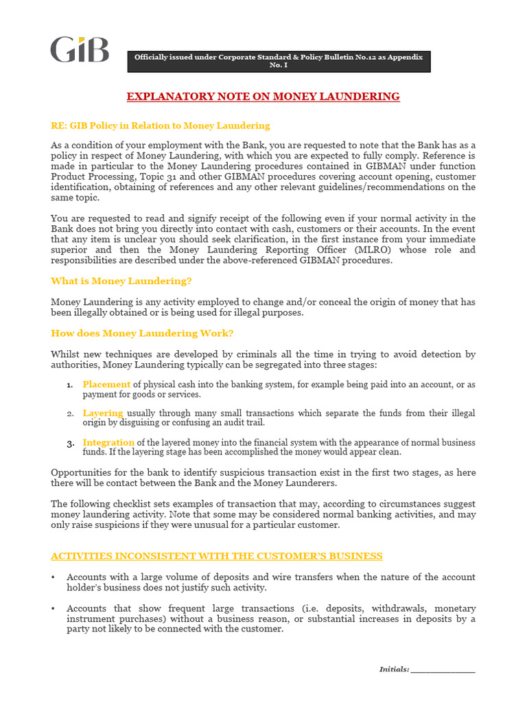 GIB Money Laundering Policy Overview | PDF | Deposit Account | Banks