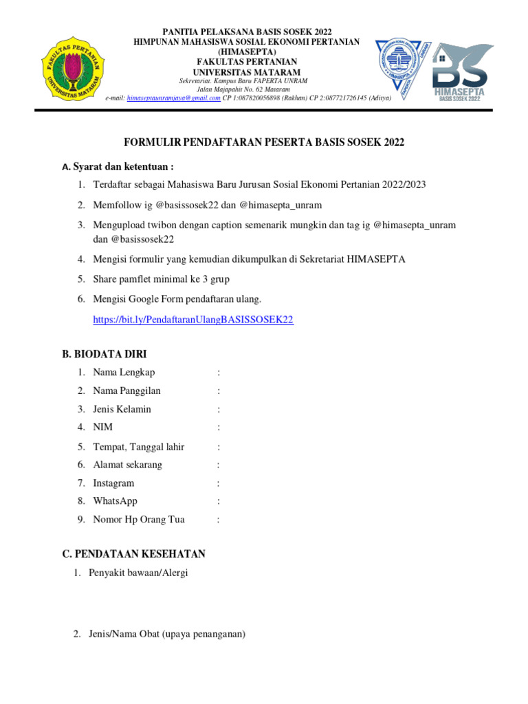 Formulir Pendaftaran Peserta BASIS SOSEK 2022 | PDF | Komputer