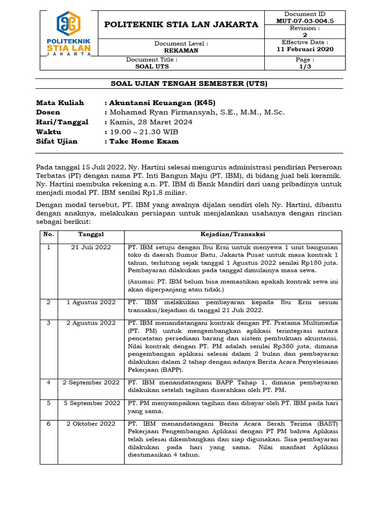 Soal UTS Akuntansi Keuangan Genap 2023-2024 K45 - TTD | PDF | Pengelolaan Keuangan & Uang