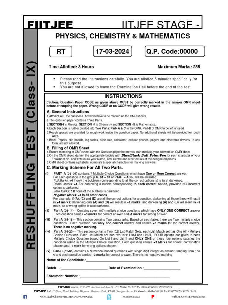 Class-IX FIITJEE PCM Test Instructions | PDF | Gases | Sound