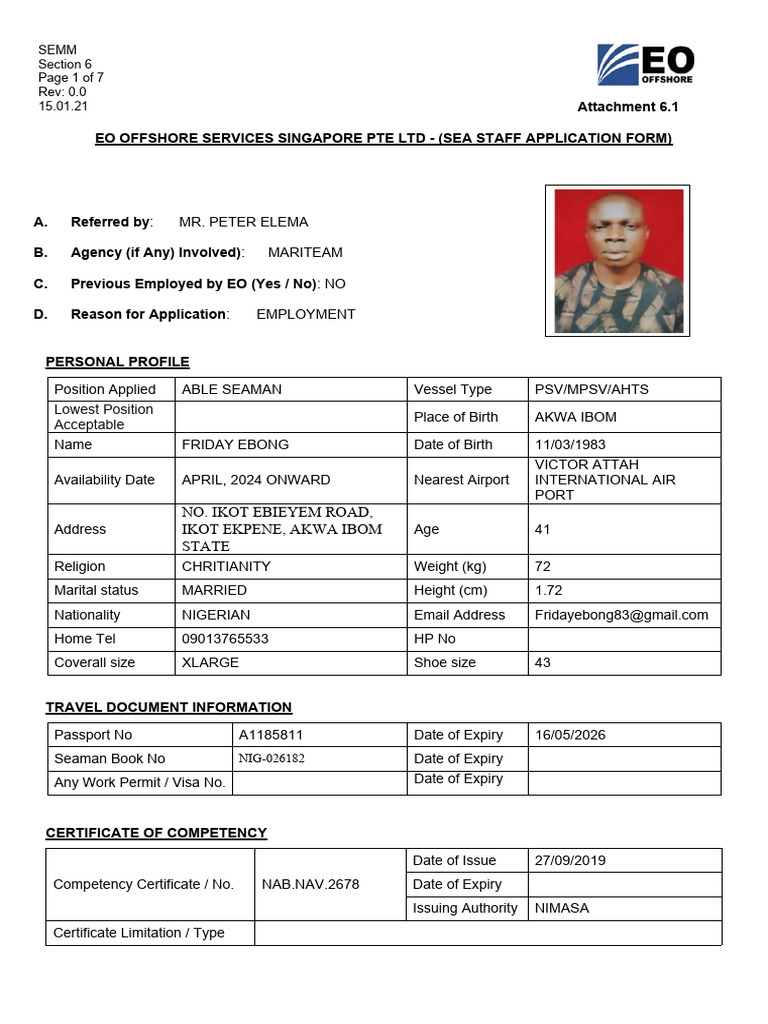 SEMM Attachment 6.1 Sea Staff Application Form | PDF | Water Transport ...
