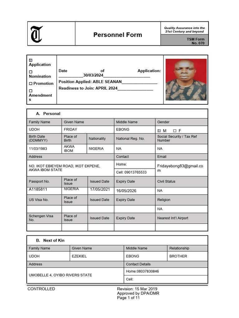 TSM Form 070 - Personnel Form | PDF | Petroleum | Oil Tanker