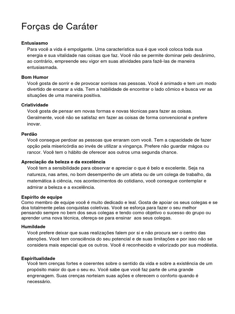 Descricao Forcas de Carater | PDF | Aprendizado | Amor