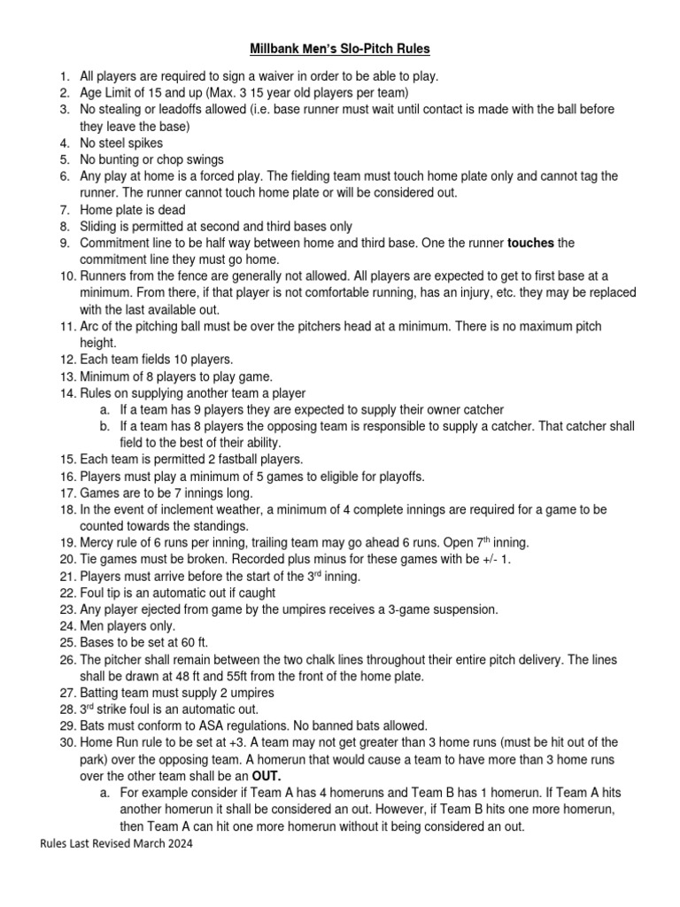 Millbank Mens Slow Pitch Rules | PDF | Softball | Baseball Field