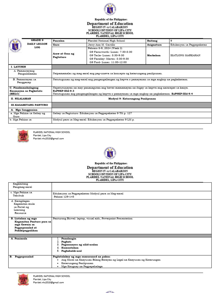 Esp 9 DLL Week 2 | PDF