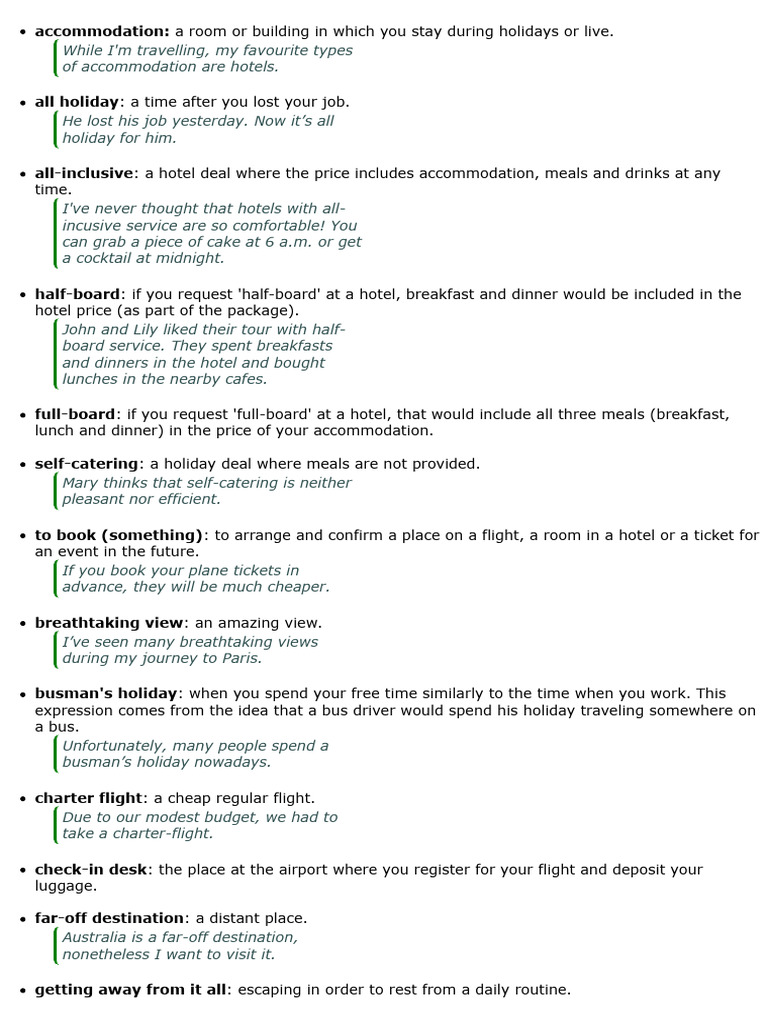 Travel and Accommodation Glossary | PDF | Tourism | Meal