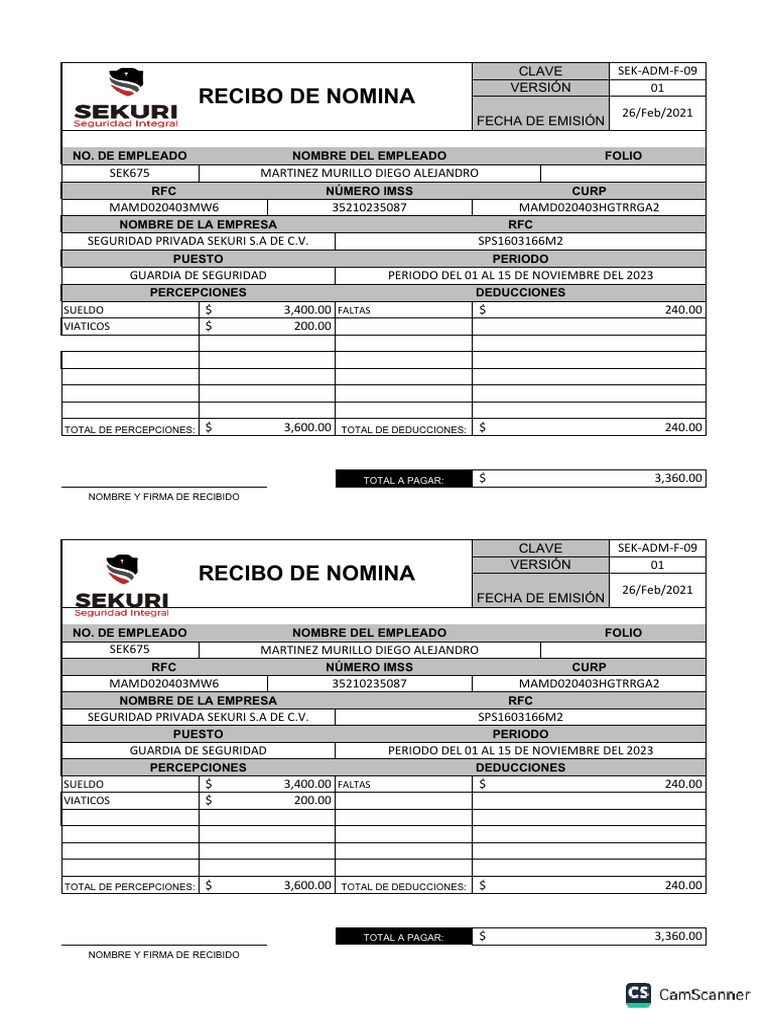 Recibos Nomina NovDicEne | PDF