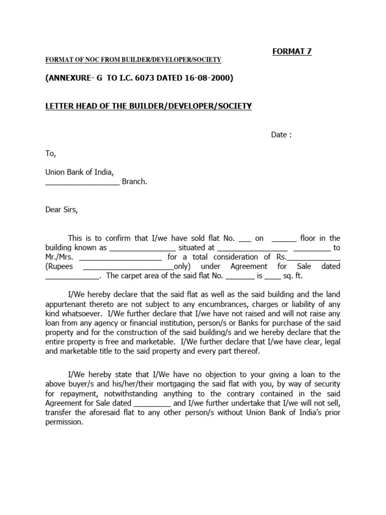 NOC Format for Flat Sale by Builder | PDF | Banks | Loans