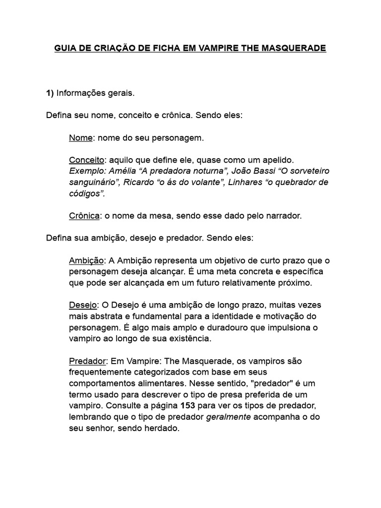 GUIA DE CRIACAO DE FICHA EM VAMPIRE V5 v1.0 2 | PDF | Vampiros | Natureza humana