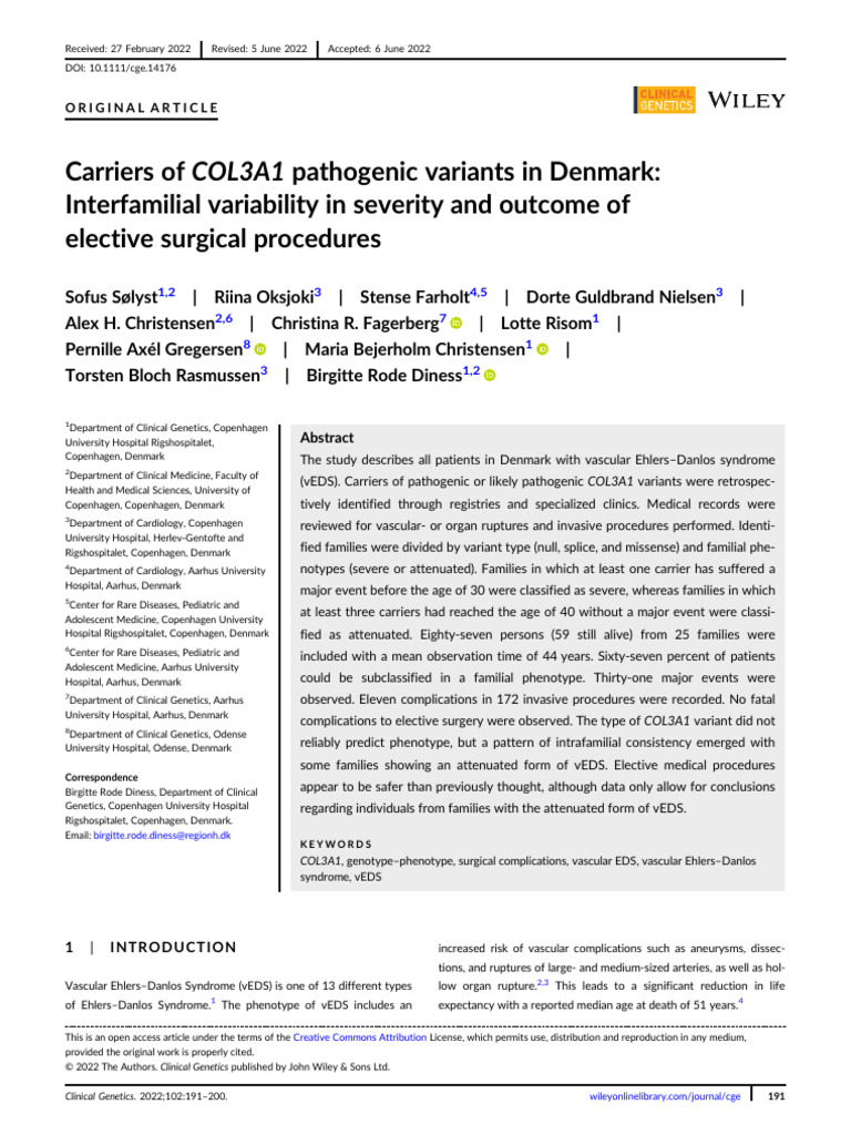 Carriers of COL3A1 Pathogenic Variants in Denmark | PDF | Medical ...